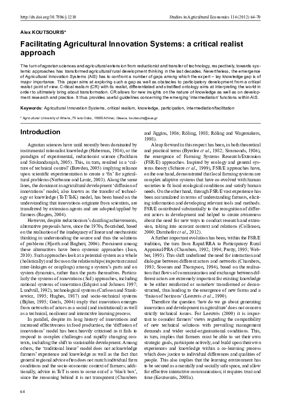 (PDF) Facilitating Agricultural Innovation Systems: A critical realist ...