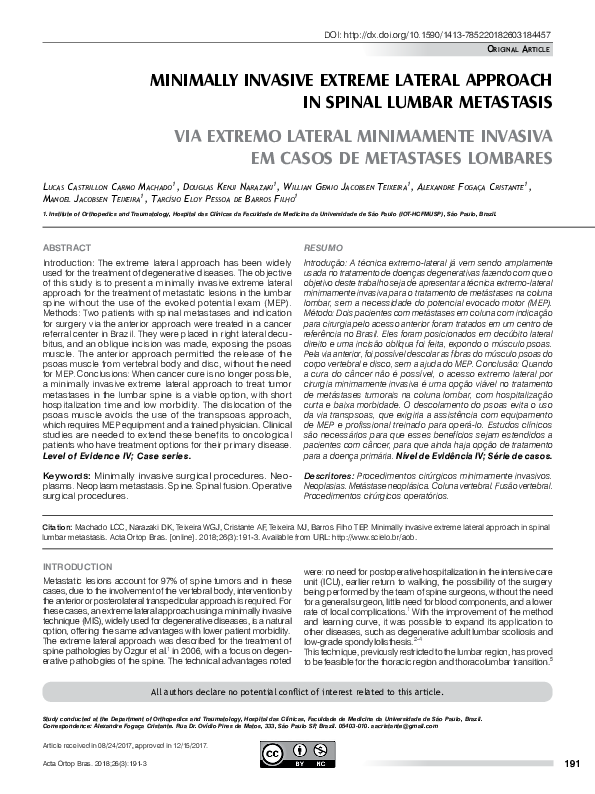 (PDF) Minimally Invasive Extreme Lateral Approach in Spinal Lumbar ...