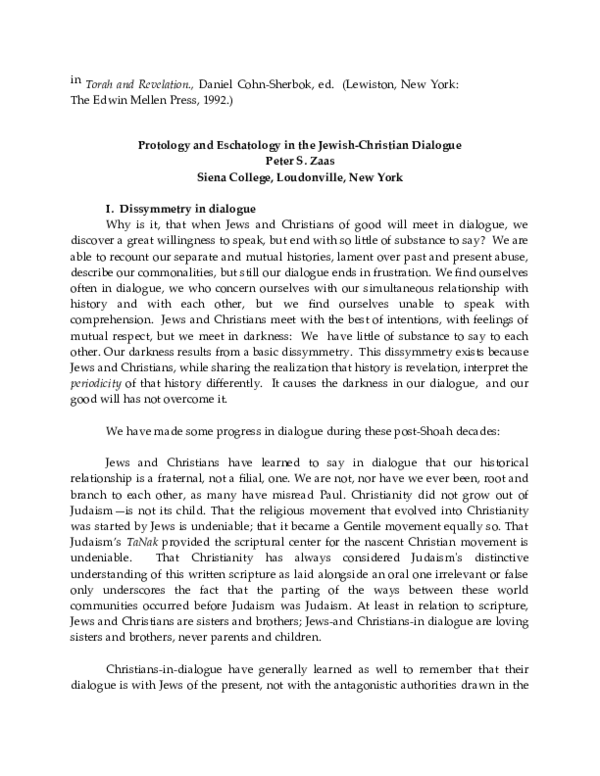 (DOC) Protology and Eschatology in the Jewish Christian Dialogue