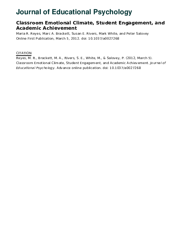 (PDF) Classroom emotional climate, student engagement, and academic achievement