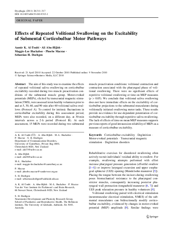(PDF) Effects of Repeated Volitional Swallowing on the Excitability of ...