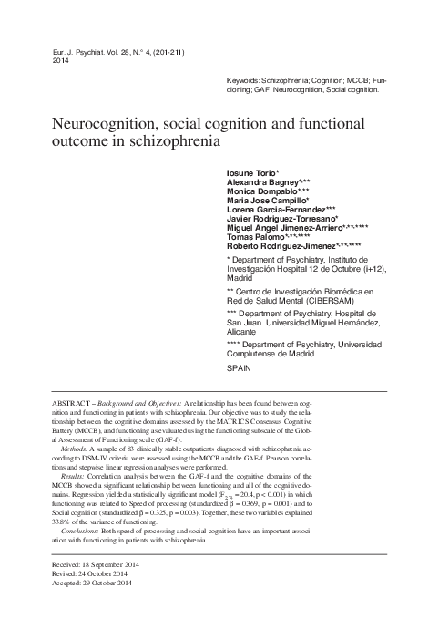 (PDF) Neurocognition, social cognition and functional outcome in schizophrenia