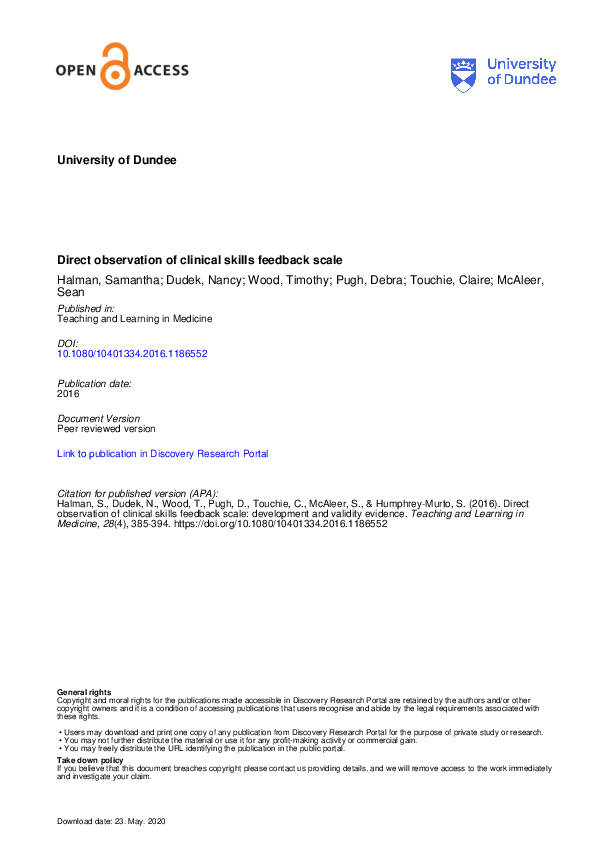 (PDF) Direct Observation of Clinical Skills Feedback Scale: Development ...