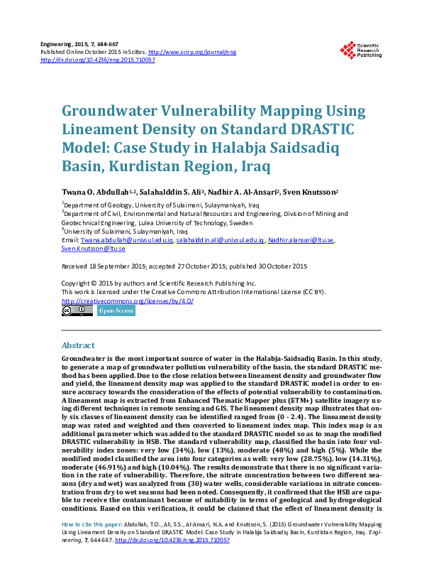 Pdf Groundwater Vulnerability Mapping Using Lineament Density On