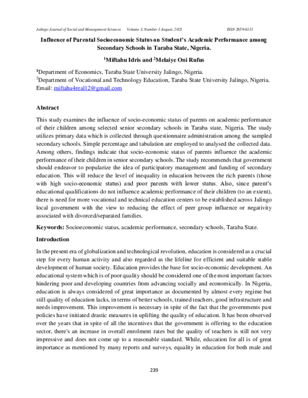 (PDF) Influence of Parental Socioeconomic Status on Student's Academic Performance among ...