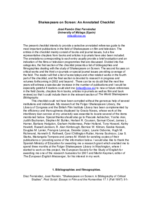 (PDF) Shakespeare on Screen: An Annotated Checklist