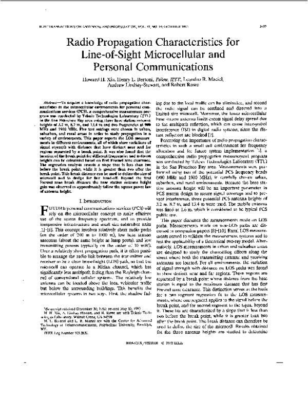 Pdf Radio Propagation Characteristics For Line Of Sight Microcellular And Personal Communications