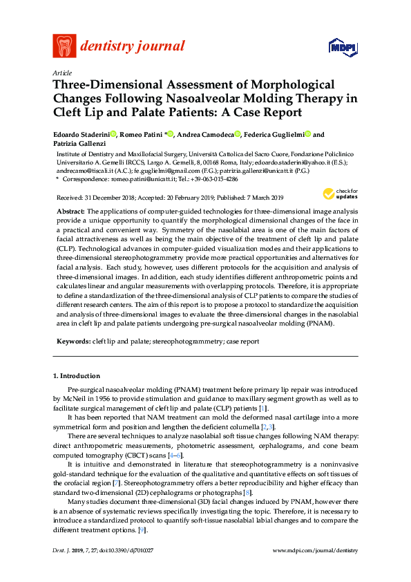 (PDF) Three-Dimensional Assessment of Morphological Changes Following Nasoalveolar Molding ...