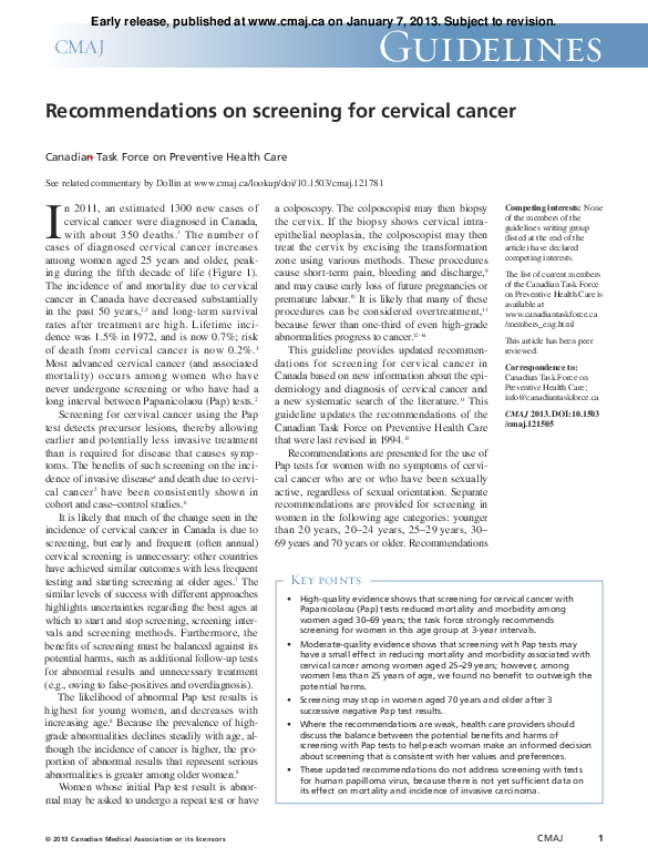 (PDF) Recommendations on screening for cervical cancer