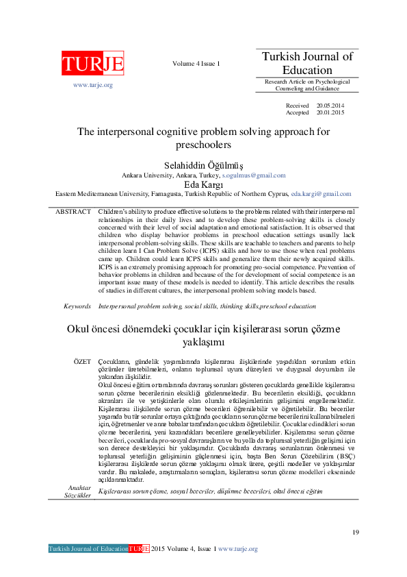 (PDF) The interpersonal cognitive problem solving approach for preschoolers