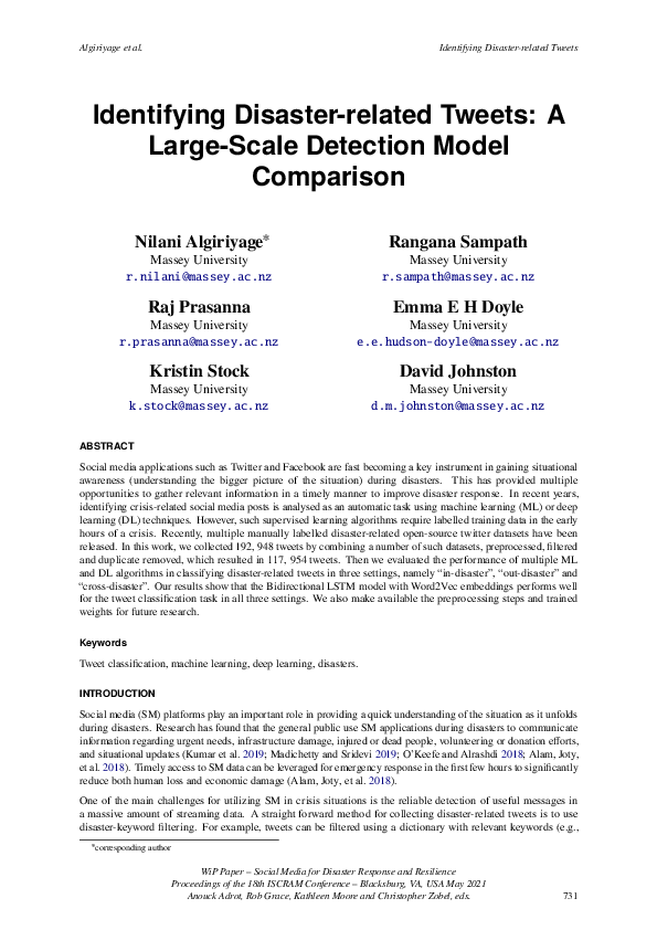 Pdf Identifying Disaster Related Tweets A Large Scale Detection Model Comparison