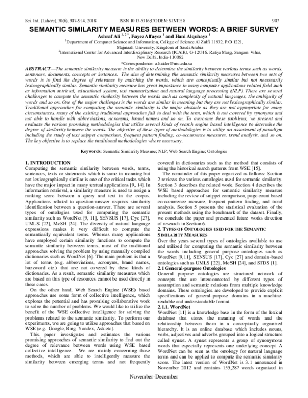 (PDF) SEMANTIC SIMILARITY MEASURES BETWEEN WORDS: A BRIEF SURVEY