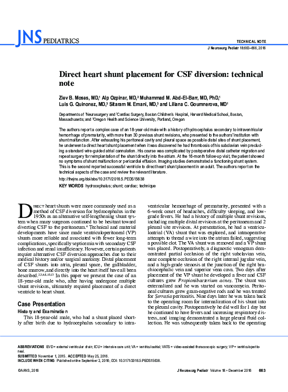 (PDF) Direct heart shunt placement for CSF diversion: technical note