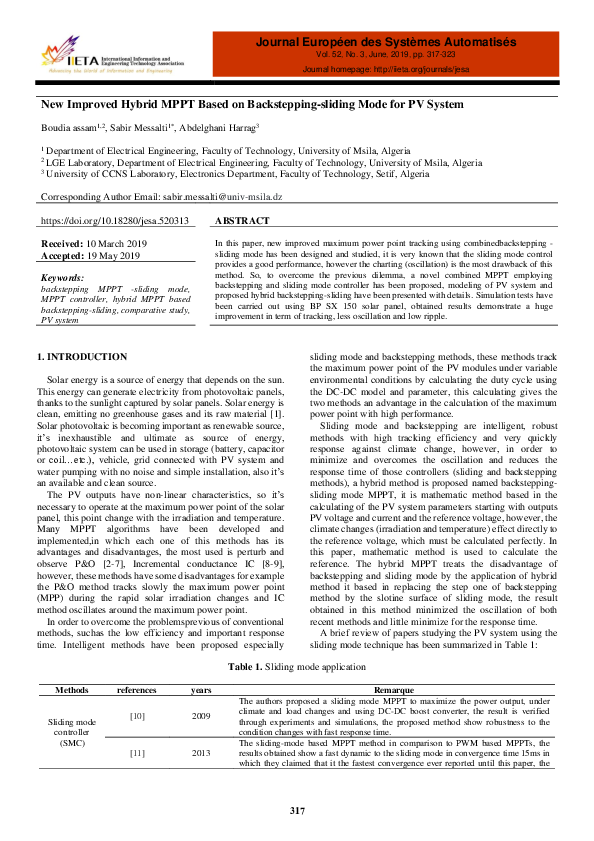 Pdf New Improved Hybrid Mppt Based On Backstepping Sliding Mode For