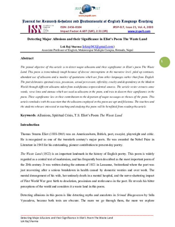 (PDF) Detecting Major Allusions and their Significance in Eliot's Poem ...
