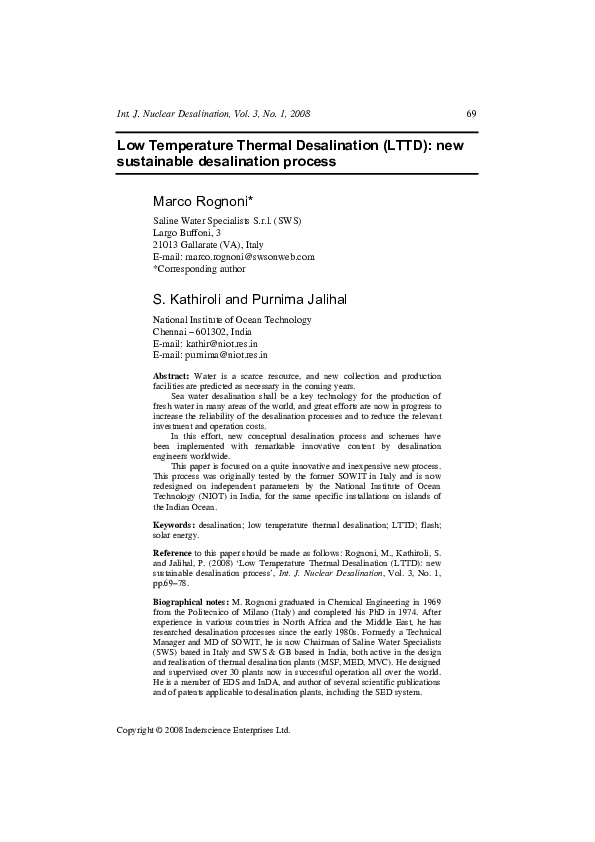 (PDF) Low Temperature Thermal Desalination (LTTD): new sustainable ...