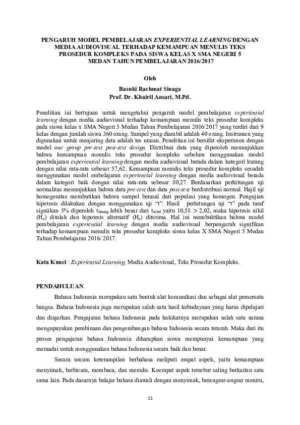 (PDF) Pengaruh Model Pembelajaran Experiential Learning Dengan Media Audiovisual Terhadap ...