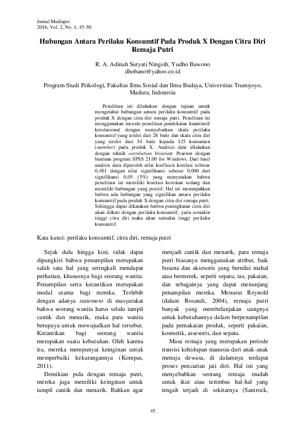 (PDF) Hubungan antara Perilaku Konsumtif pada Produk X dengan Citra Diri Remaja Putri