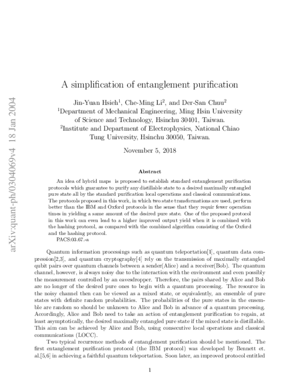 (PDF) A simplification of entanglement purification