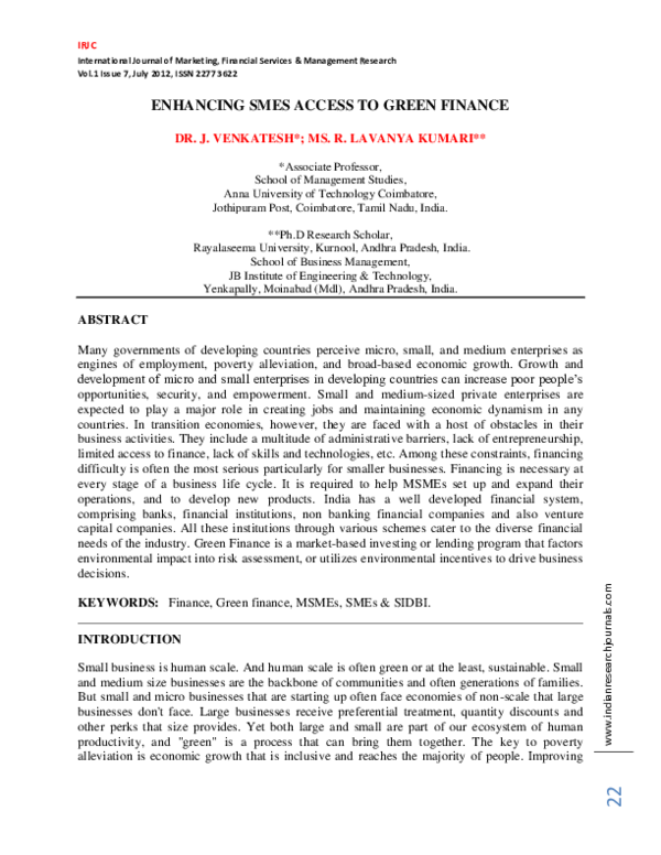 (PDF) ENHANCING SMES ACCESS TO GREEN FINANCE