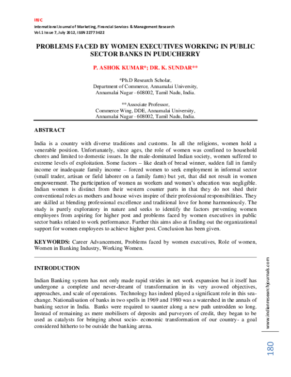(PDF) PROBLEMS FACED BY WOMEN EXECUTIVES WORKING IN PUBLIC SECTOR BANKS ...