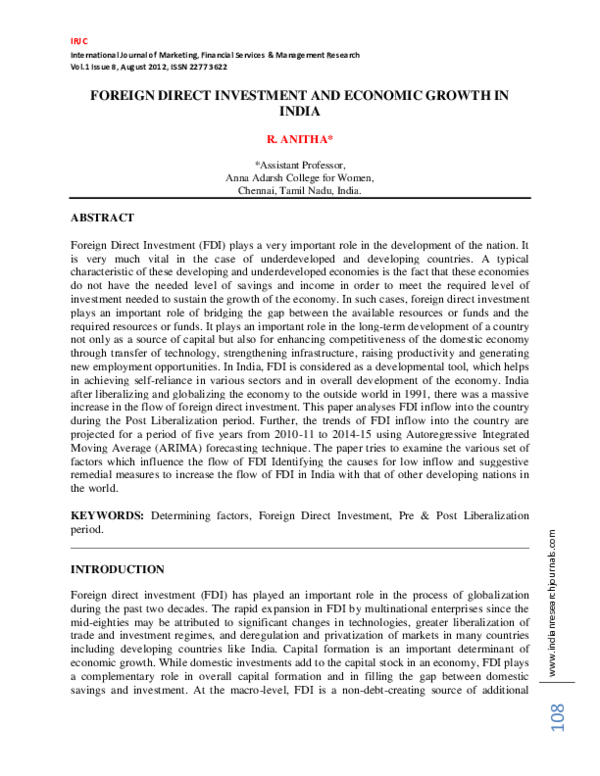(PDF) FOREIGN DIRECT INVESTMENT AND ECONOMIC GROWTH IN INDIA