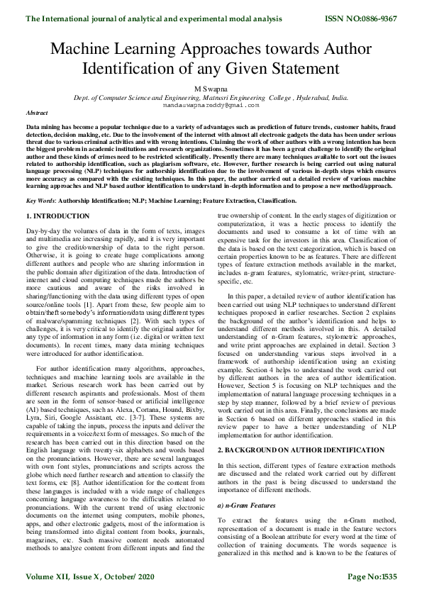 (PDF) Machine Learning Approaches towards Author Identification of any ...