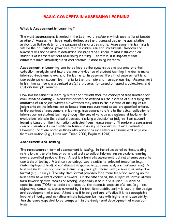 Doc Basic Concepts In Assessing Learning