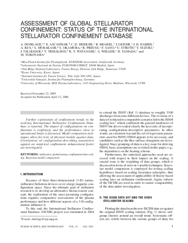 (PDF) Assessment of Global Stellarator Confinement: Status of the International Stellarator ...