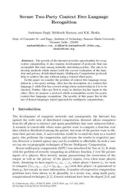 (PDF) Secure Two-Party Context Free Language Recognition