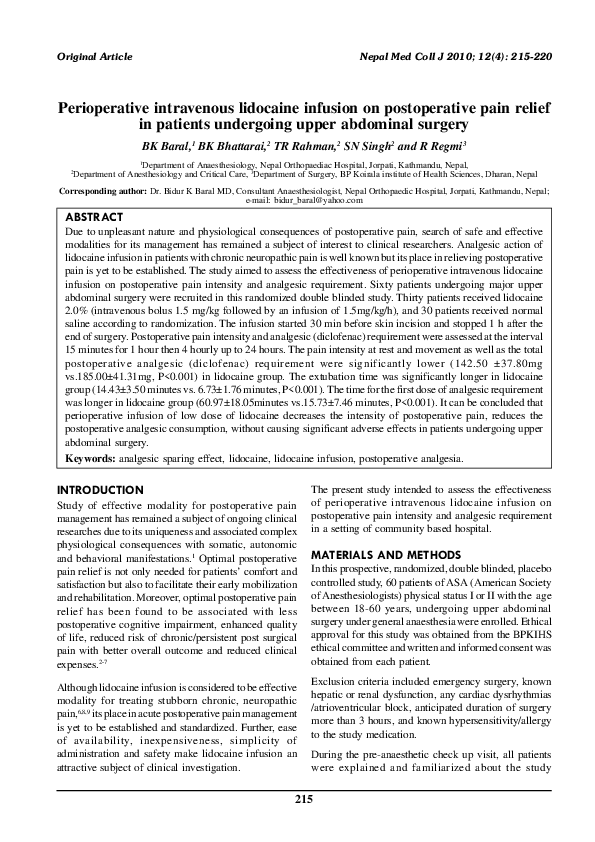(PDF) Perioperative intravenous lidocaine infusion for postoperative pain control: a meta ...