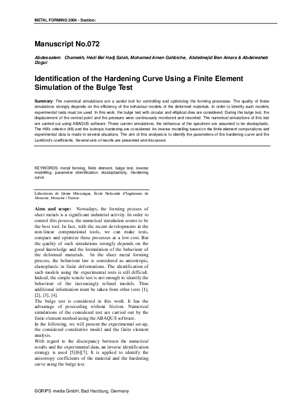 Pdf Identification Of The Hardening Curve Using A Finite Element