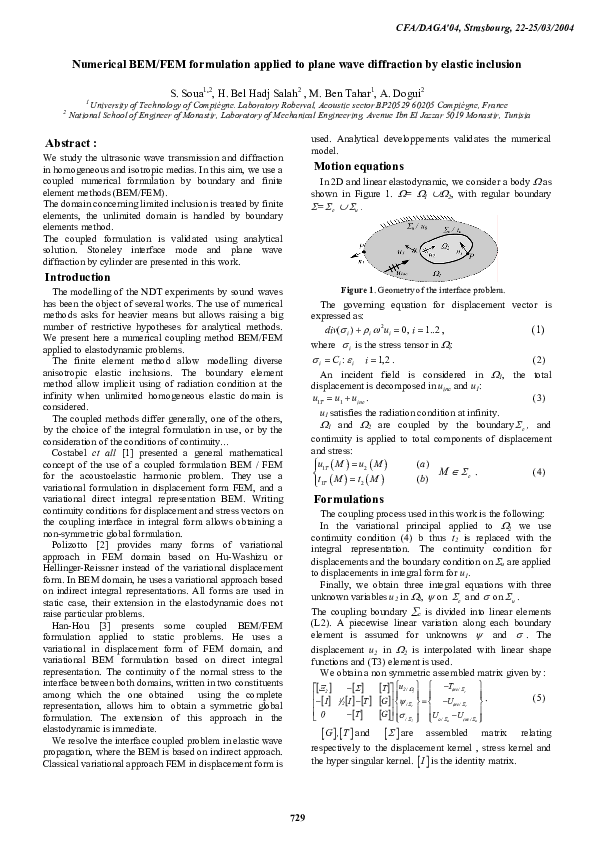 (PDF) Numerical BEM/FEM formulation applied to plane wave diffraction by elastic inclusion