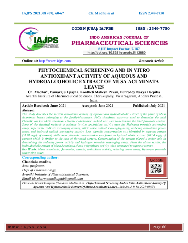 (PDF) PHYTOCHEMICAL SCREENING AND IN VITRO ANTIOXIDANT ACTIVITY OF AQUEOUS AND HYDROALCOHOLIC ...