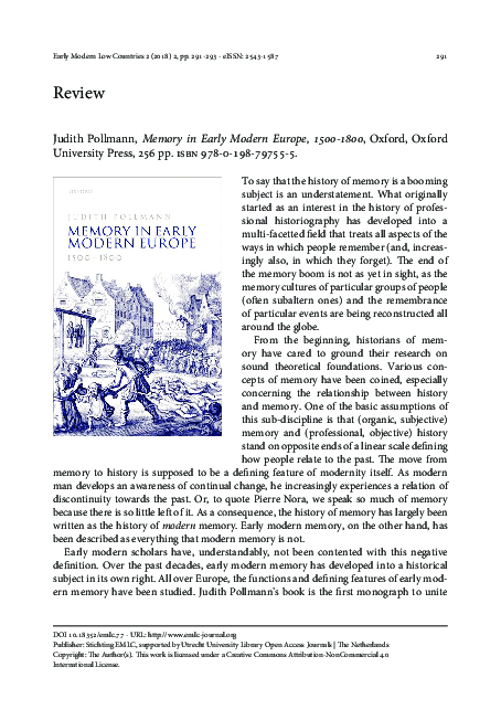 (PDF) Judith Pollmann, Memory in early modern Europe, 1500-1800 (Oxford ...