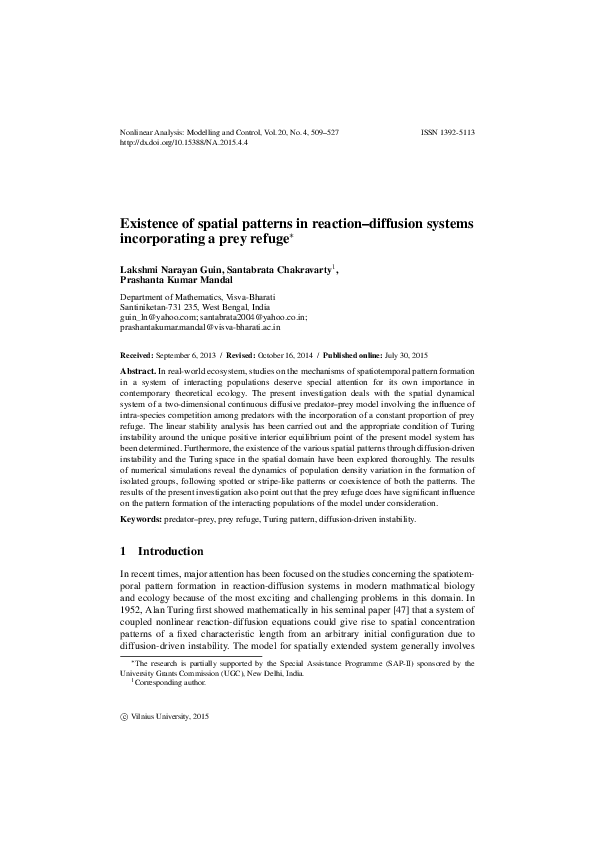 (PDF) Existence of spatial patterns in reaction–diffusion systems incorporating a prey refuge ...