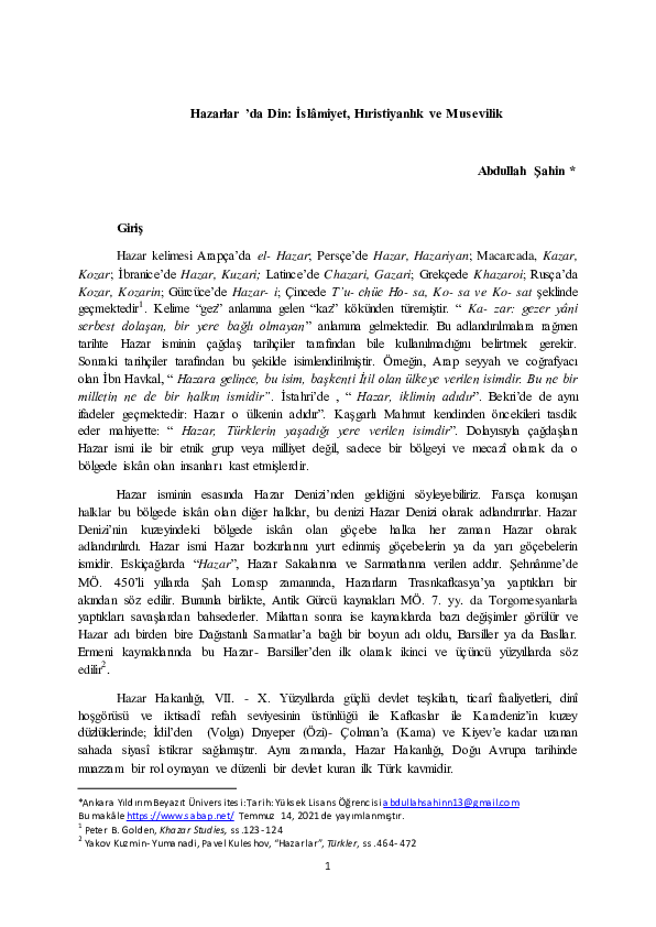(PDF) Hazarlar 'da Din: İslâmiyet, Hıristiyanlık ve Musevilik