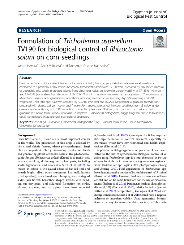 (PDF) Formulation of Trichoderma asperellum TV190 for biological control of Rhizoctonia solani ...