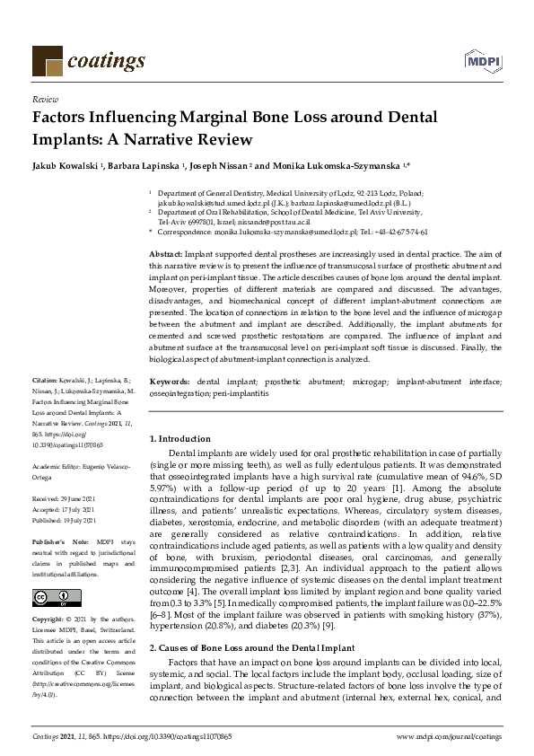 (PDF) Factors Influencing Marginal Bone Loss around Dental Implants: A ...