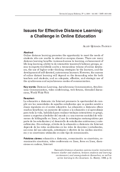 (PDF) Issues for Effective Distance Learning: a Challenge in Online ...