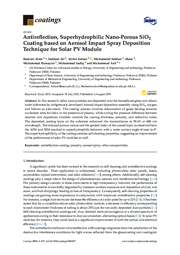 (PDF) Antireflection, Superhydrophilic Nano-Porous SiO2 Coating based ...