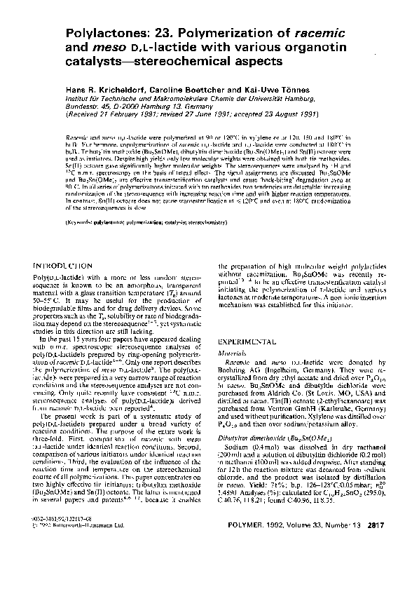 (PDF) Polylactones: 23. Polymerization of racemic and mesod,l-lactide ...