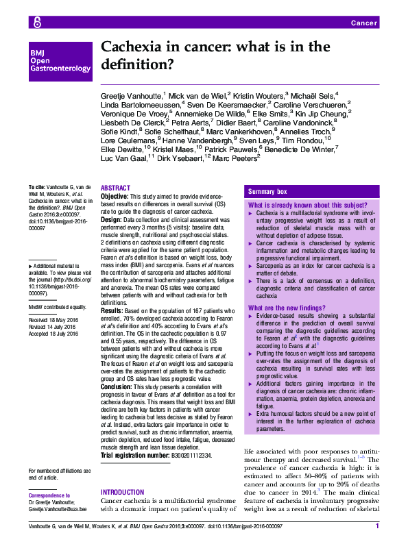 (PDF) Cachexia in cancer: what is in the definition? | Luc Van Gaal ...