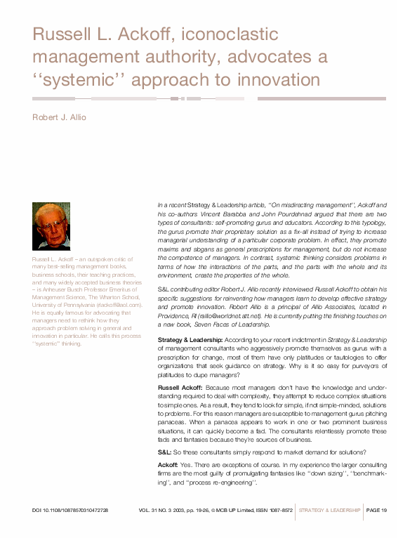 (PDF) Russell L. Ackoff, iconoclastic management authority, advocates a ...