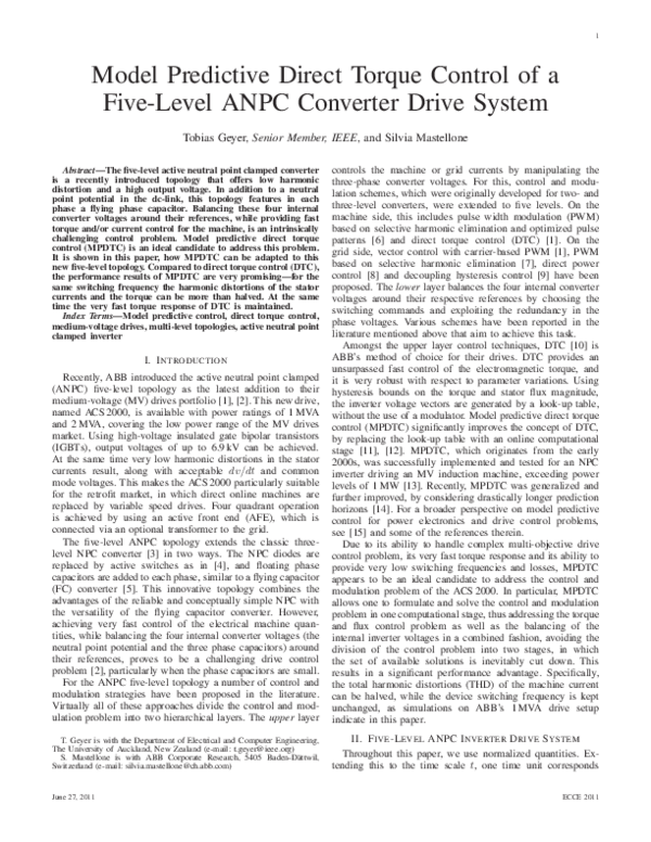 Pdf Model Predictive Direct Torque Control Of A Five Level Anpc Converter Drive System