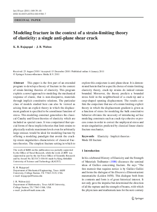 (PDF) Modeling fracture in the context of a strain-limiting theory of ...