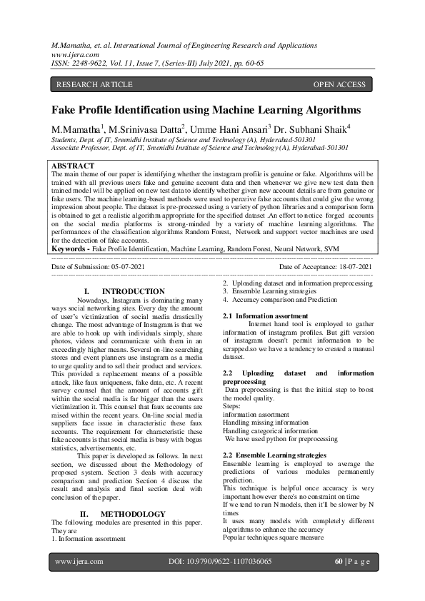 (PDF) Fake Profile Identification using Machine Learning Algorithms ...