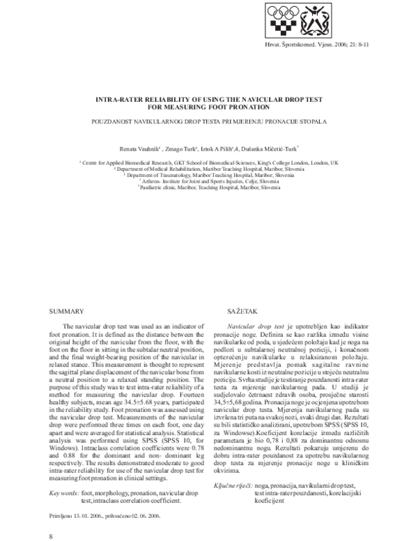 (PDF) Intra-Rater Reliability of Using the Navicular Drop Test for ...