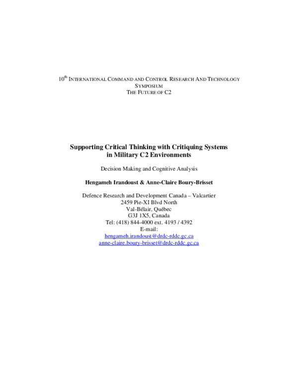 (PDF) Supporting Critical Thinking with Critiquing Systems in Military ...