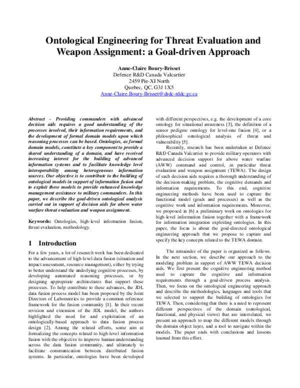 (PDF) Ontological engineering for threat evaluation and weapon assignment: a goal-driven approach